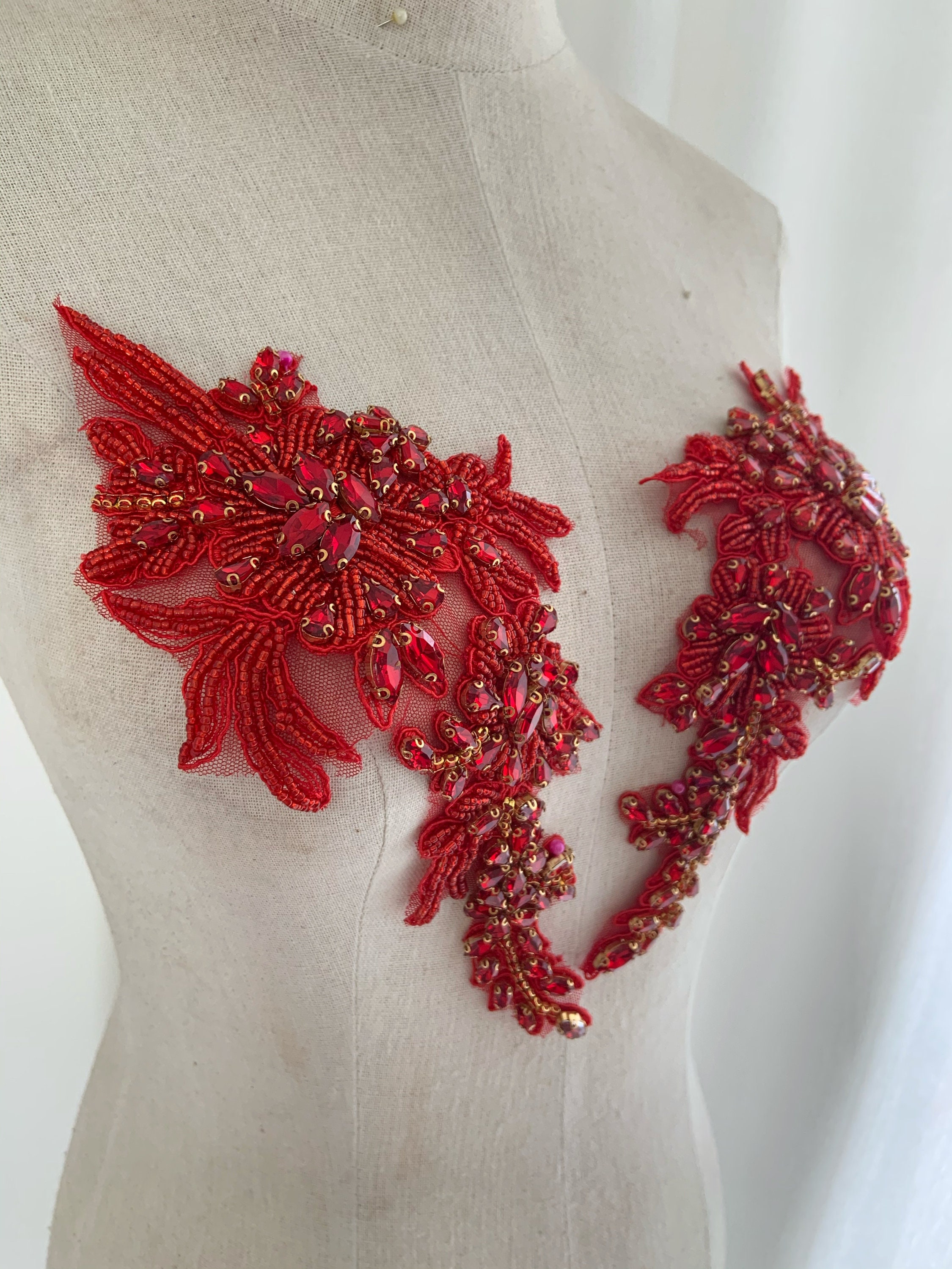 One pair red Rhinestone applique with florals motif for | Etsy