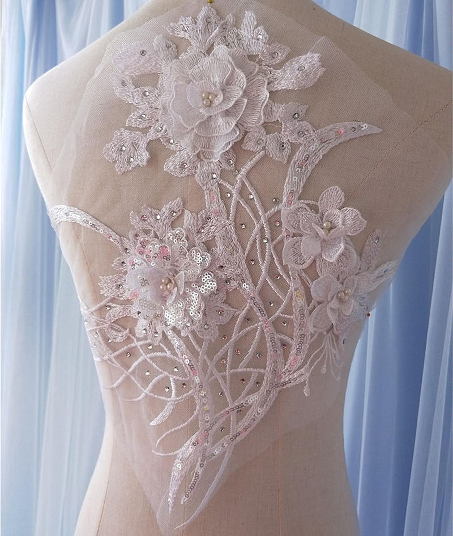 Deep pink heavy bead lace applique 3D lace applique with | Etsy