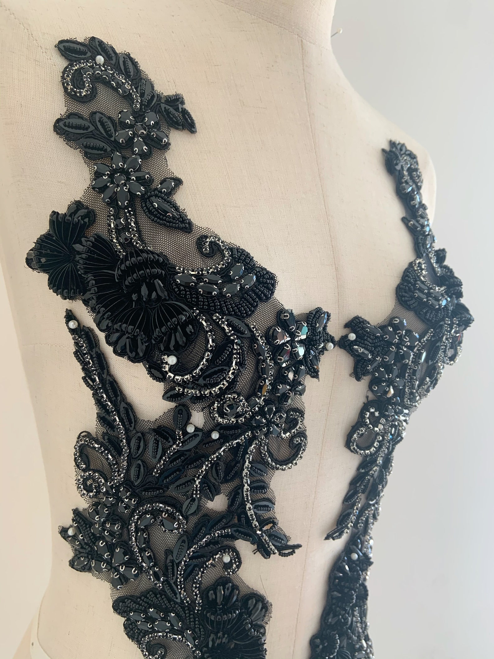 Black Rhinestone Applique With 3d Florals for Couture, Dress, Costume ...
