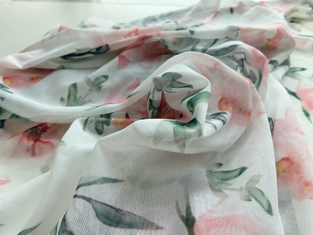 Power Mesh Fabric With Pink Flowers , Printed Stretchy Mesh Fabric With ...