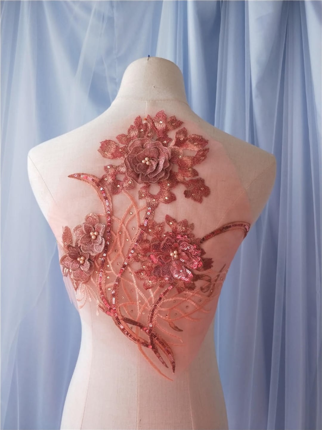 Deep Pink Heavy Bead Lace Applique, 3D Lace Applique With Beads, 3d ...