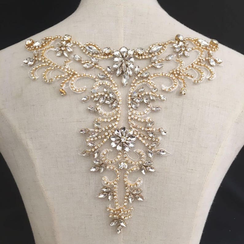 Gold Rhinestone Neckline Applique, Crystal V Neckline Applique, Gold ...