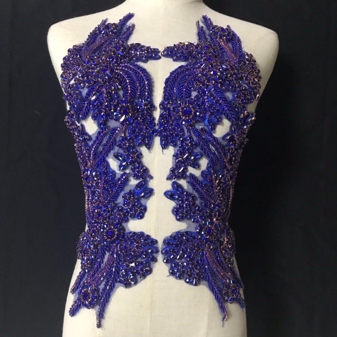 Blue Rhinestone Bead Applique, Heavy Bead Handmade Rhinestone Applique ...