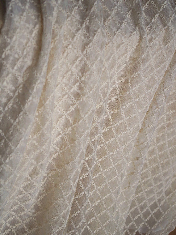 Ivory Cream Lace Fabric With Checks, Cream Cotton Lace Fabric ...