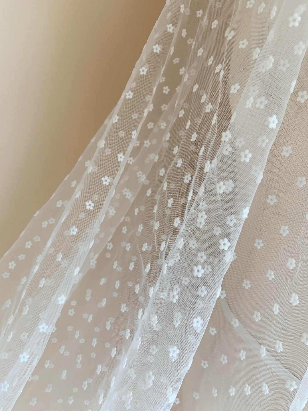 Off White Tulle Lace Fabric With Tiny Velvet Flowers, Flocking Daisy ...