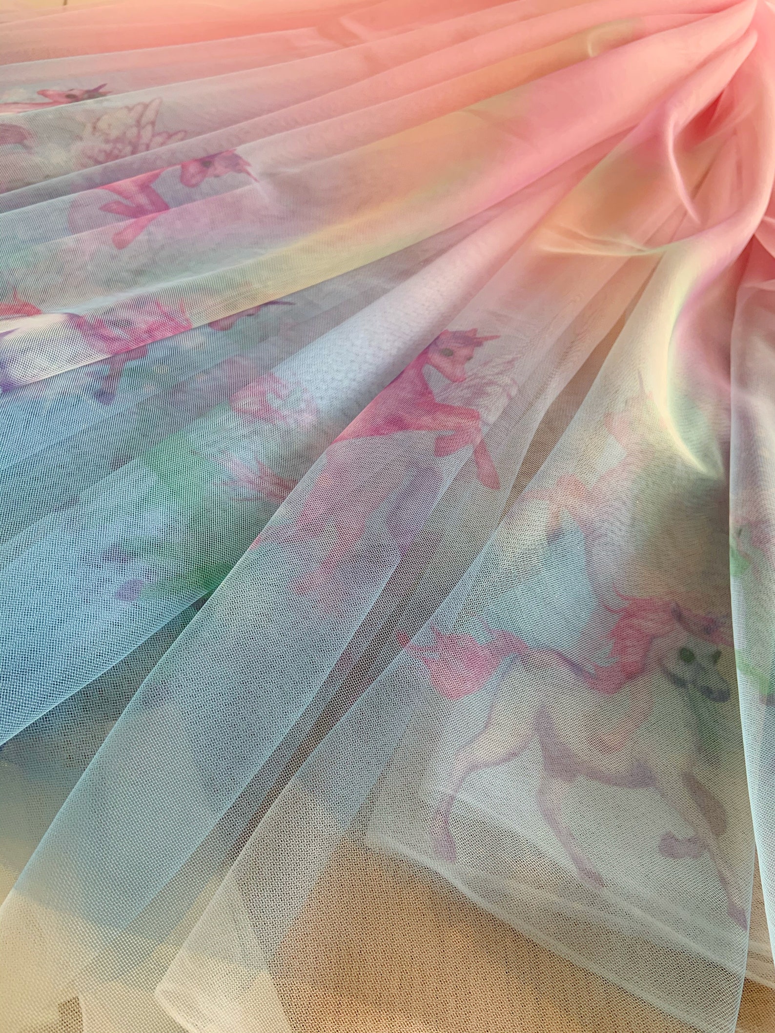 Pink Tulle Fabric With Unicorn And Rainbow Ombre Color Tulle Etsy