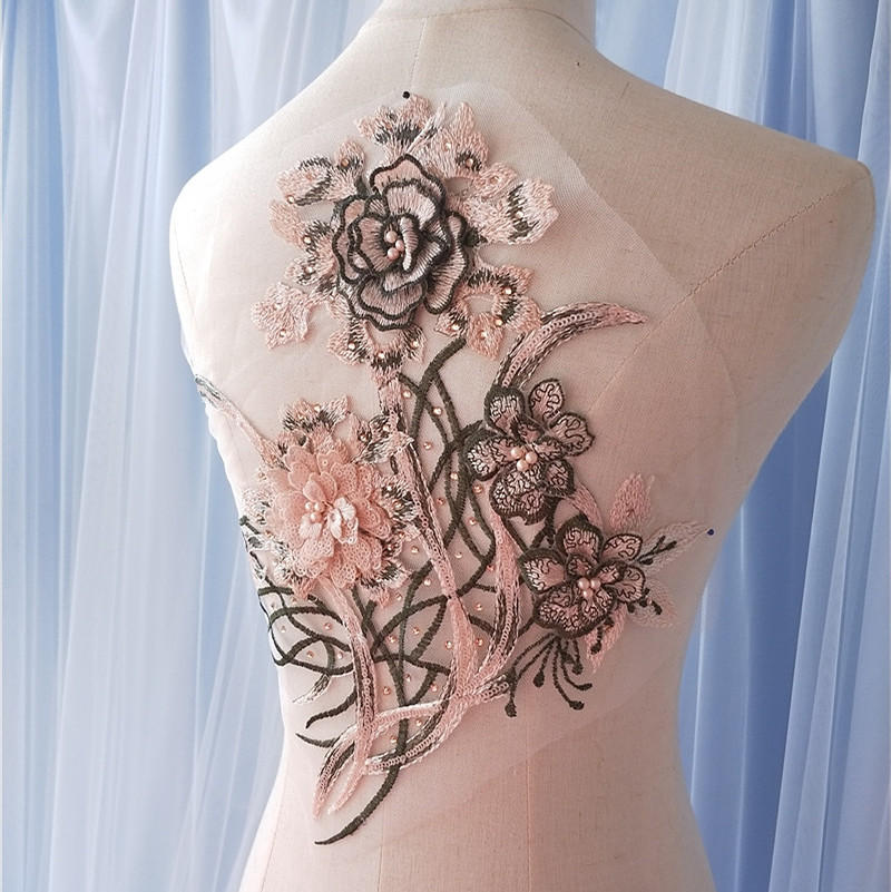 Deep pink heavy bead lace applique 3D lace applique with | Etsy