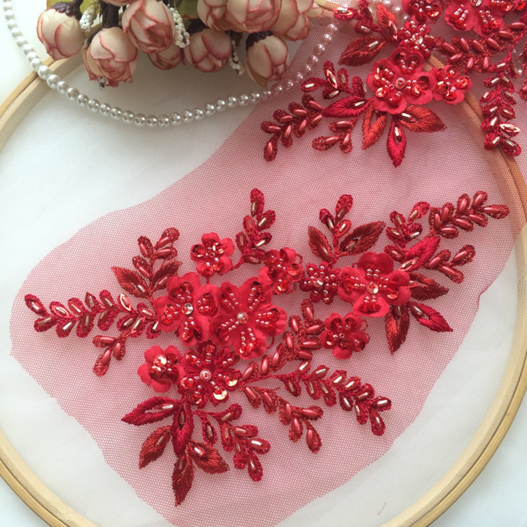 2 Pcs Red Sequined 3d Flower Motif Lace Applique, Heavy Bead Lace ...