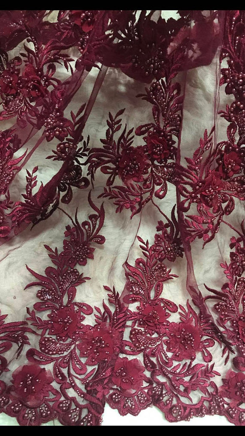 Wine Red 3d Lace Fabric With 3d Flowers 3d Heavy Embroidered | Etsy
