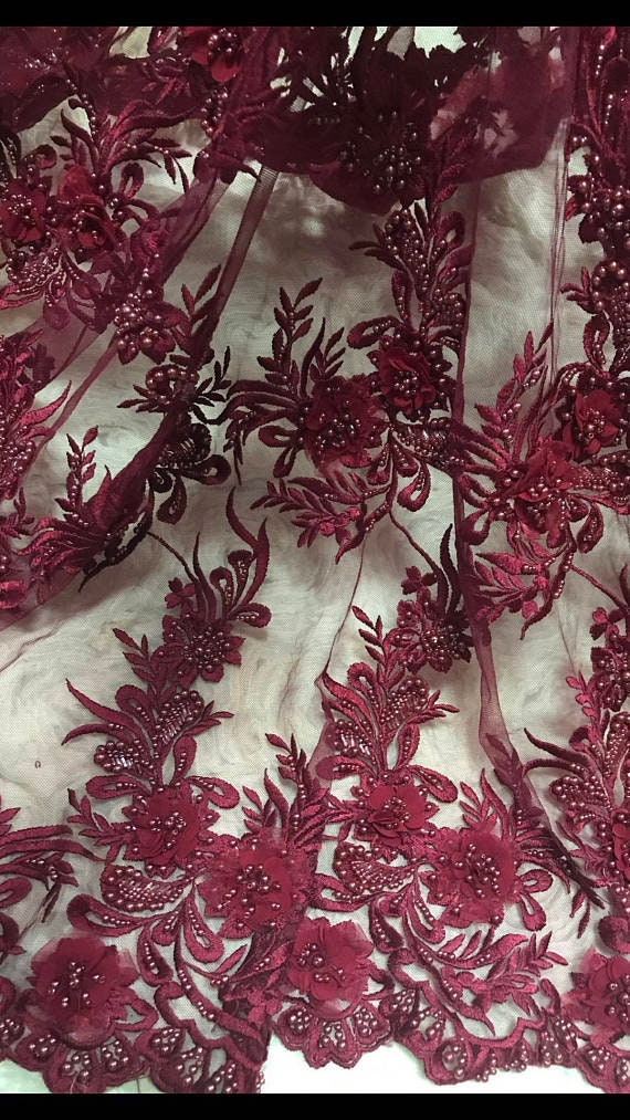 Wine Red 3d Lace Fabric With 3d Flowers 3d Heavy Embroidered | Etsy
