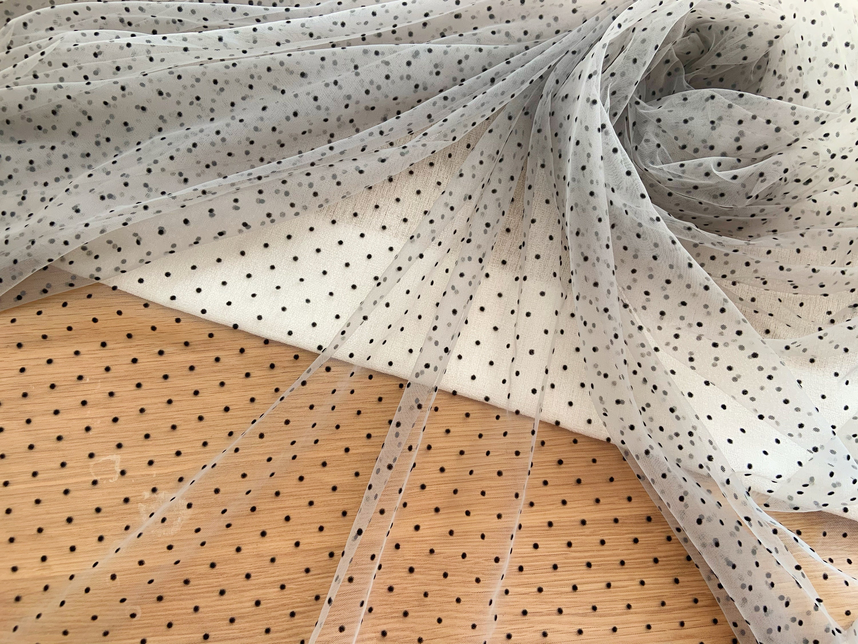 Grey Soft tulle fabric with black velvet polka dots | Etsy