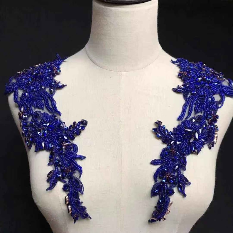 Blue Rhinestone Bead Applique, Heavy Bead Handmade Rhinestone Applique ...