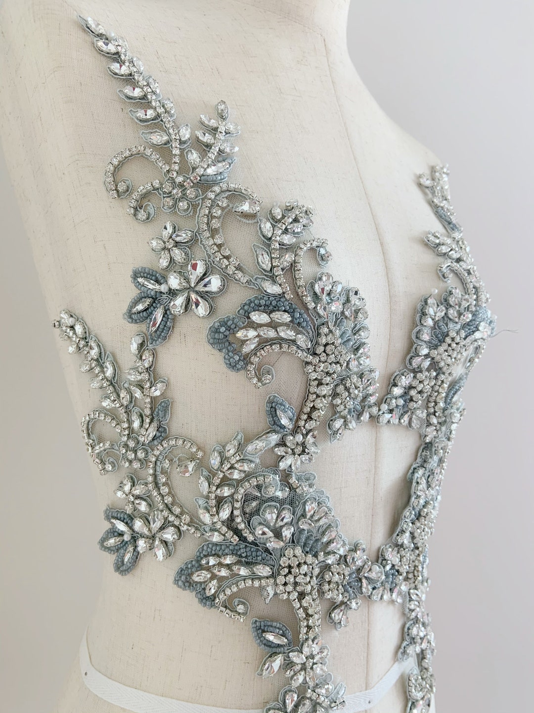 Dust Blue Rhinestone Applique With Florals for Couture, Dress, Costume ...