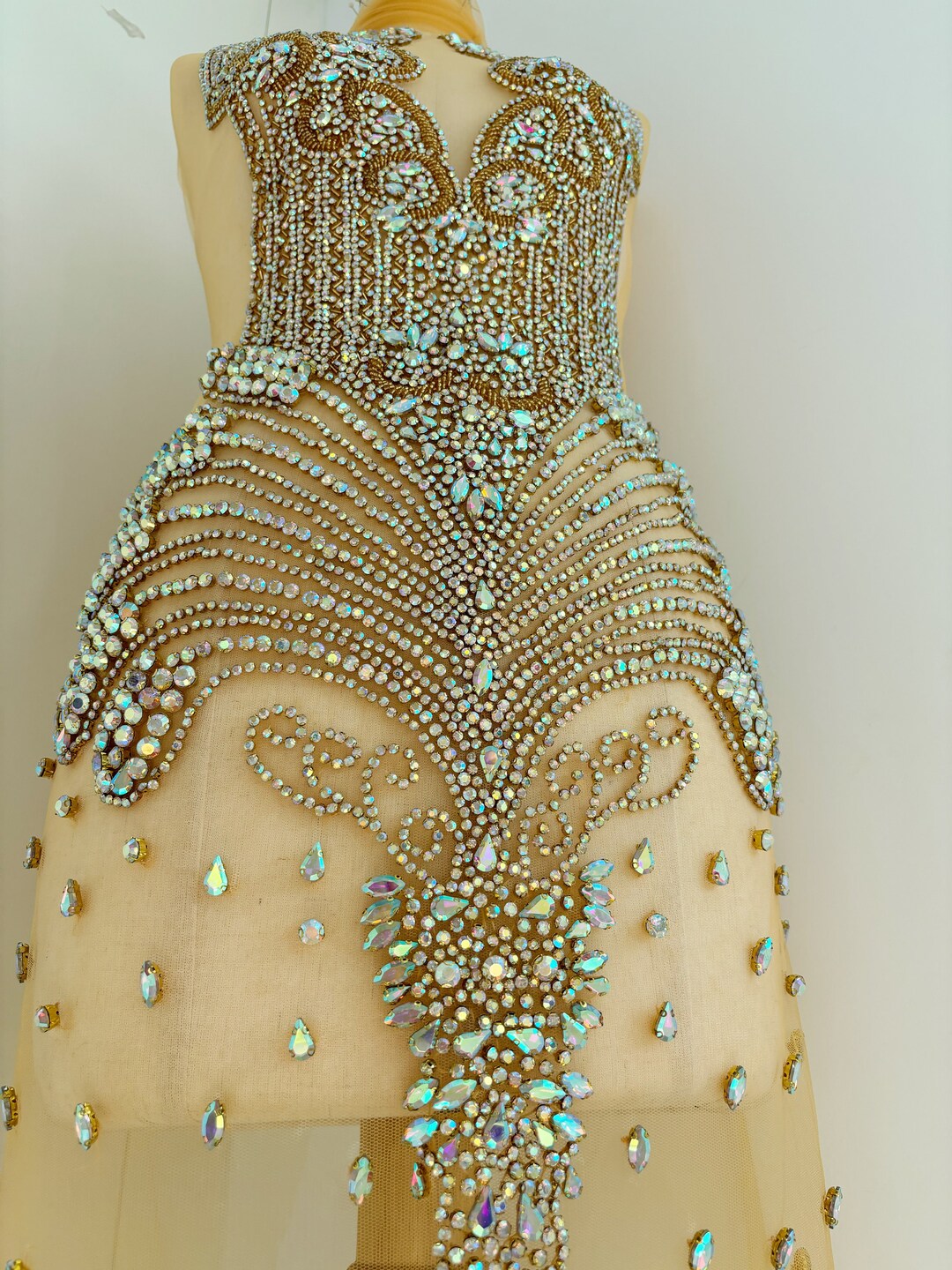 Large Gold Ab Rhinestone Bodice Applique for Bodysuit, Sparkle Crystal ...