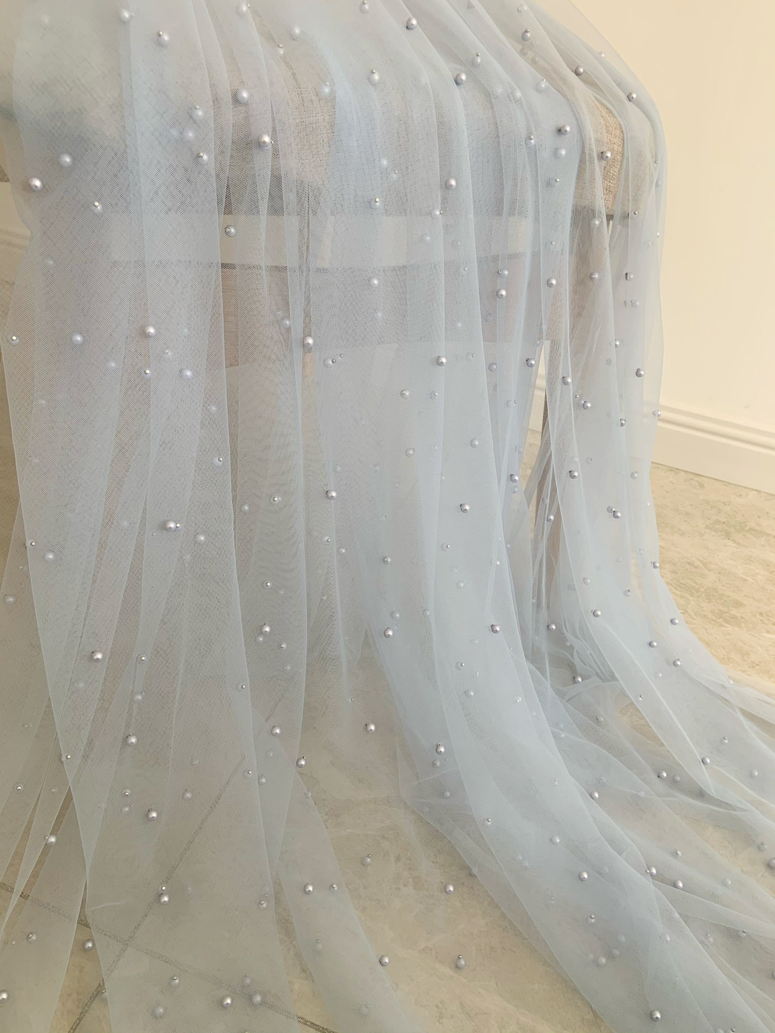 3yards Soft Blue Tulle Fabric With Pearls Pearl Bead Tulle - Etsy