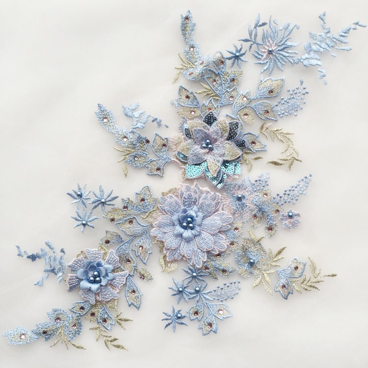 Light Blue Heavy Bead Lace Applique, 3D Lace Applique With Beads, 3d ...