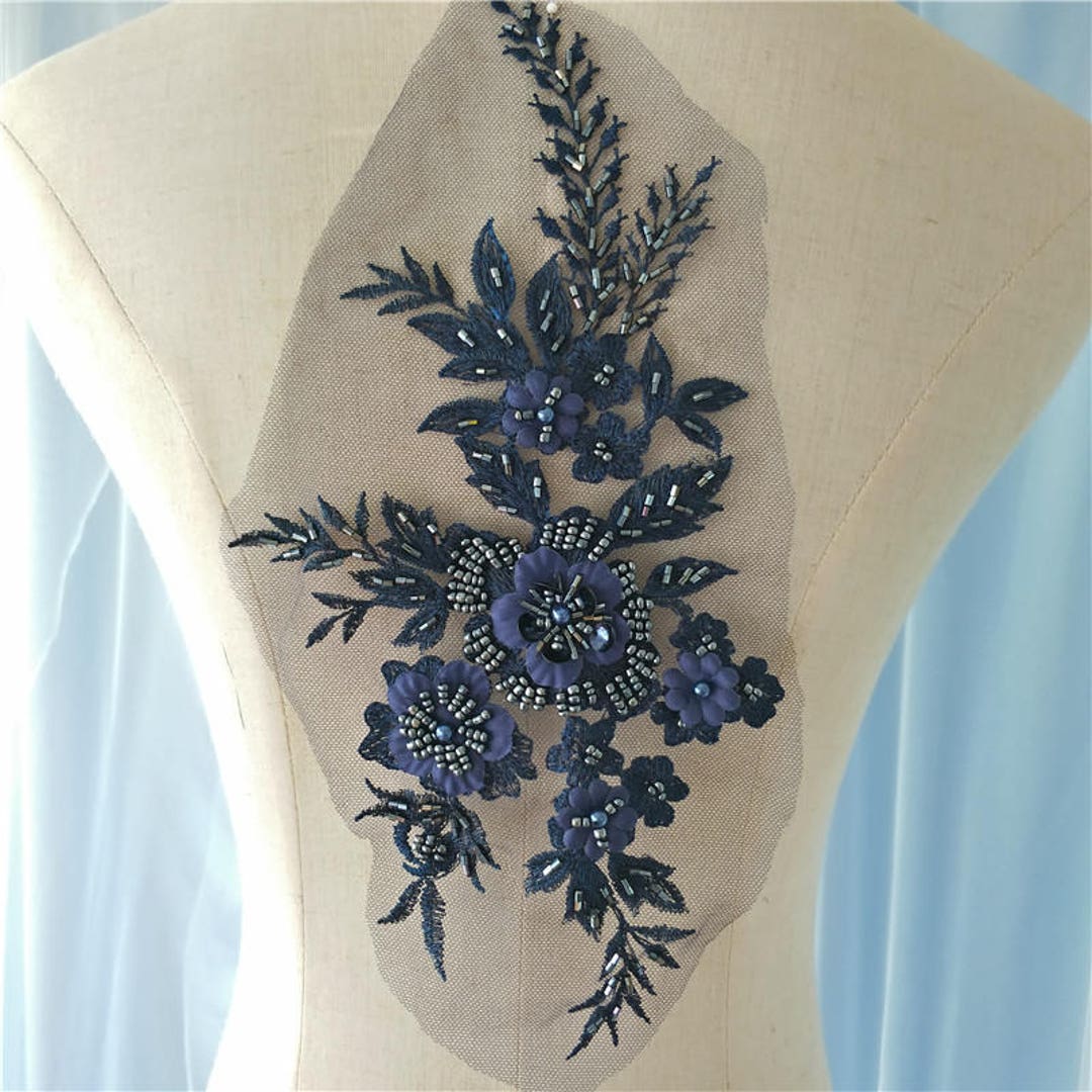 Navy Blue Heavy Bead Lace Applique, 3D Lace Applique With Beads, 3d ...