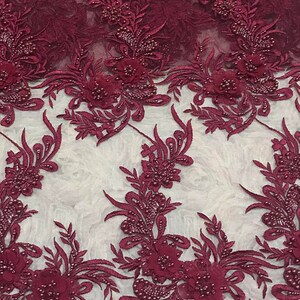 Wine Red 3d Lace Fabric With 3d Flowers 3d Heavy Embroidered - Etsy