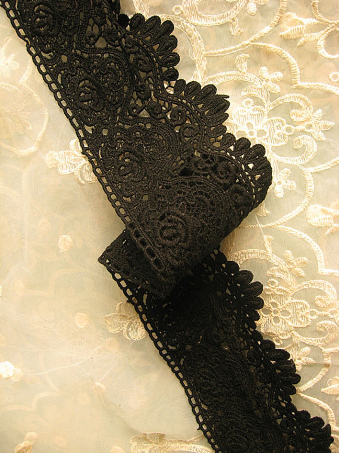 Black Cotton Lace Trim, Black Scallop Lace Trim, Cotton Guipure Lace ...
