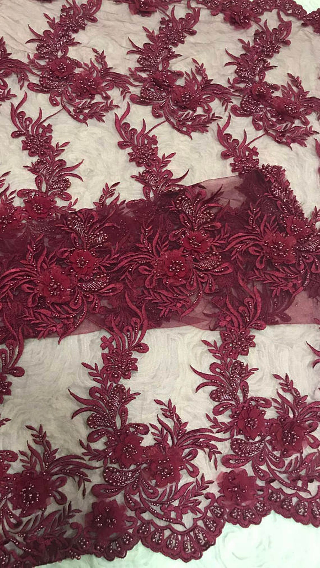 Wine Red 3d Lace Fabric With 3d Flowers 3d Heavy Embroidered - Etsy