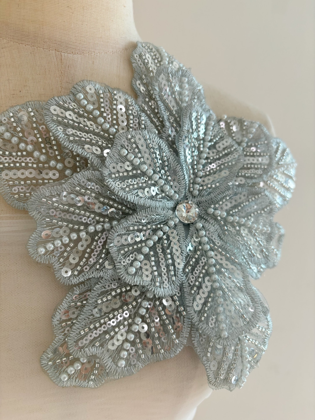 Gray Bead Lace Applique, Heavy Bead Lace Applique, 3D Flowers Lace ...