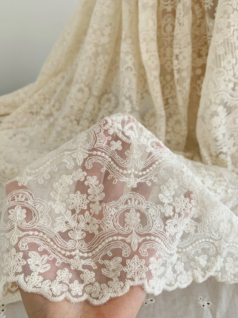 Ivory Beige Embroidered Tulle Lace Fabric With Chevron Patterns, Retro ...
