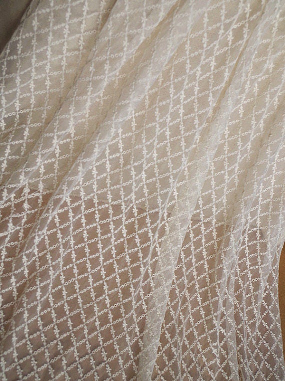 Ivory Cream Lace Fabric With Checks, Cream Cotton Lace Fabric ...