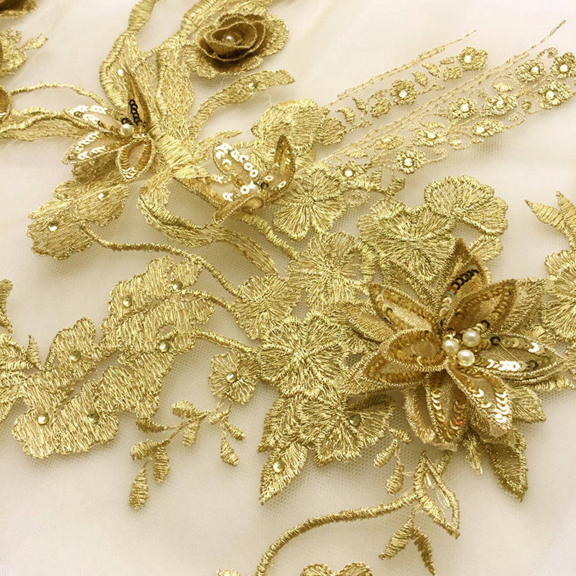 Gold Heavy Bead Lace Applique Sequin 3D Lace Applique Golden | Etsy