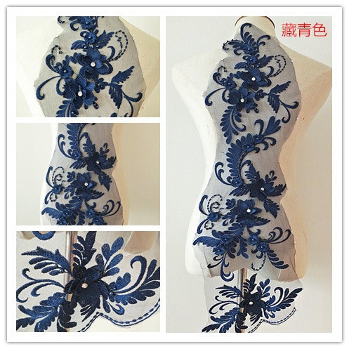 Navy Blue 3d Florals Lace Applique Heavy Bead Lace Applique - Etsy