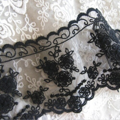 Black Lace Trim Cotton Embroidered Mesh Lace With Scalloped - Etsy