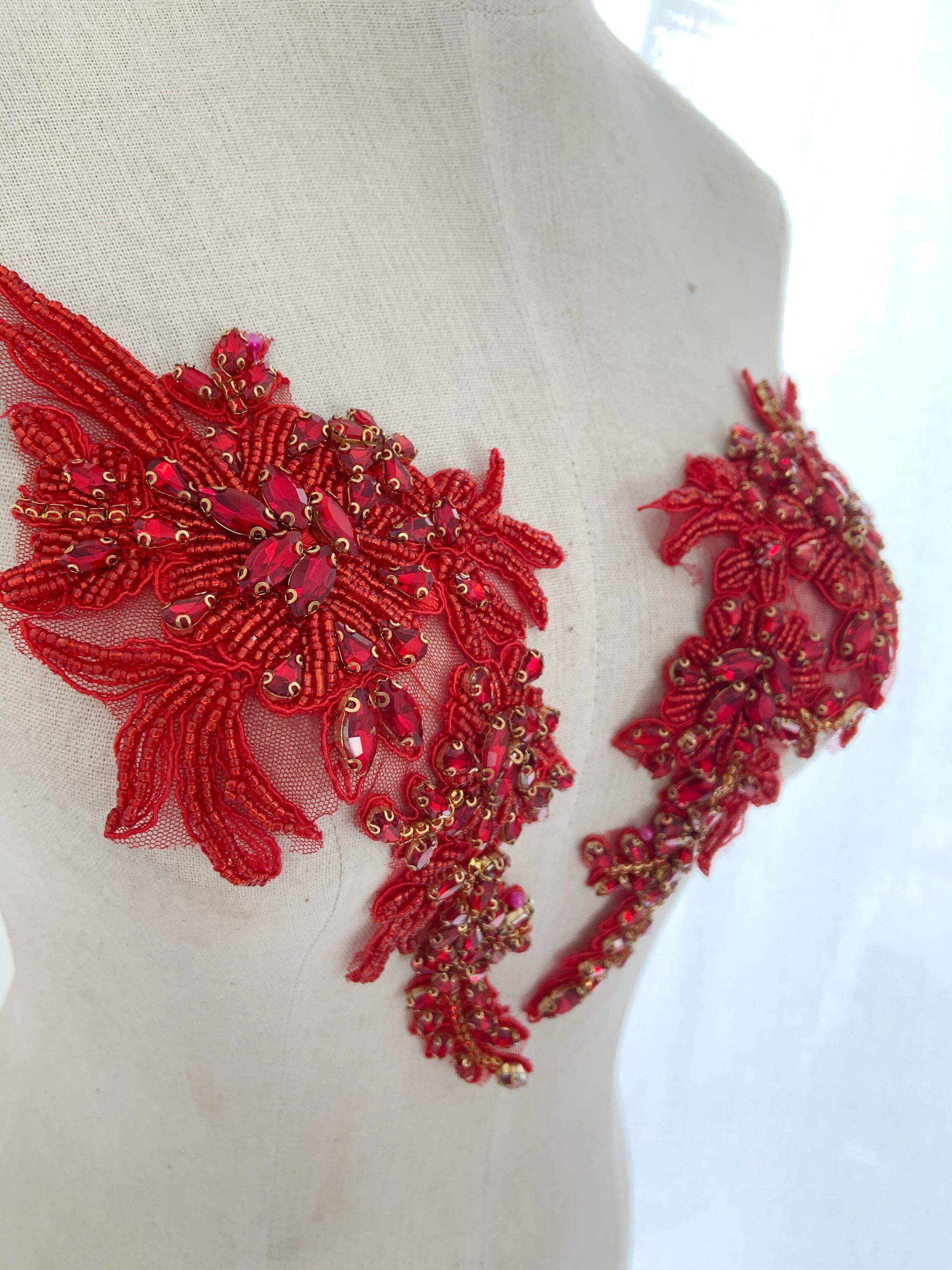 One Pair Red Rhinestone Applique With Florals Motif for Couture, Dress ...