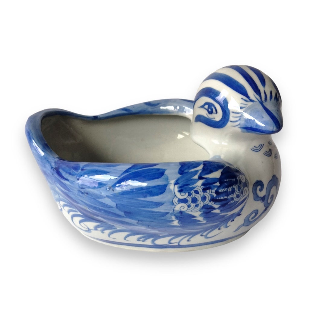 Vintage 60s Chinese Blue & White Duck Ceramic Planter for Gardeners ...