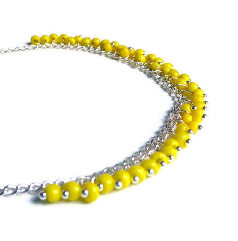 Yellow Beads Necklace Neon Yellow Collier Beaded Silver Short Necklace ...