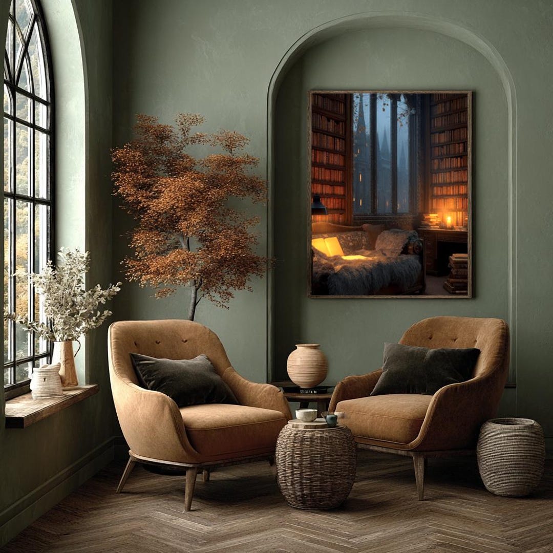 Dark Academia Library, Candlelight With Cathedral View Framed Print - Etsy