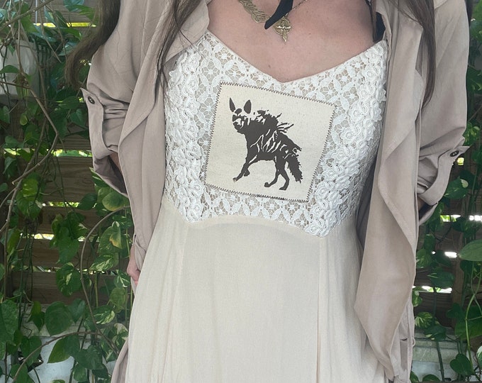 Hyena Dress // Hyena Linocut Patch Dress // Hyaena Hyaena // Striped ...