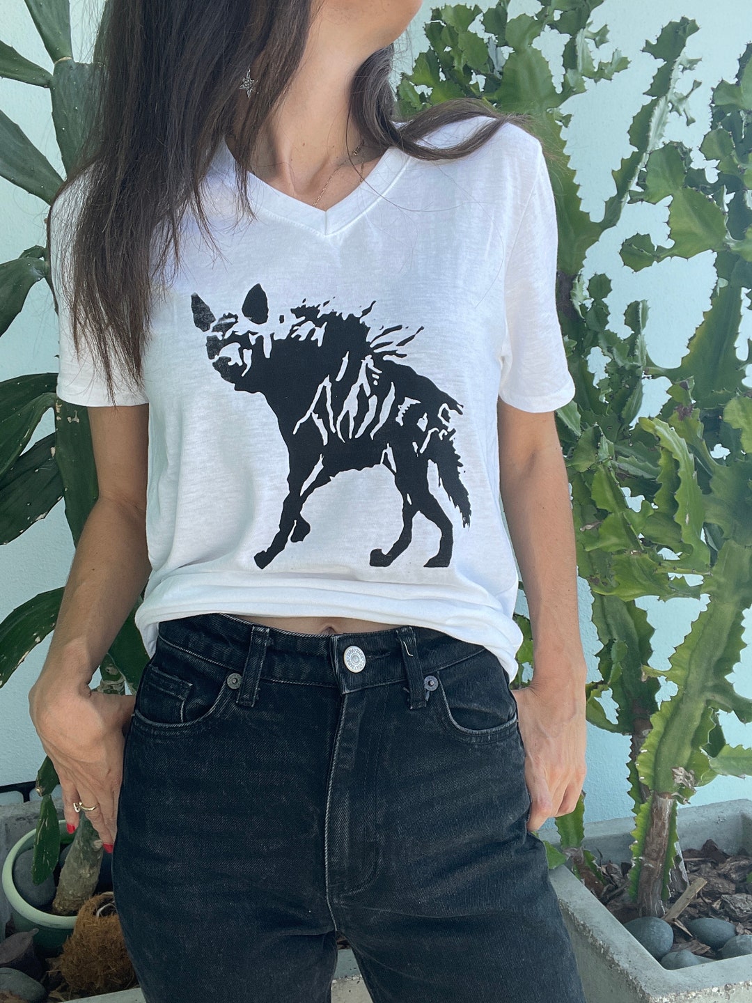 Hyena T-shirt // Hyena Linocut Print Shirt // Hyaena Hyaena // Striped ...