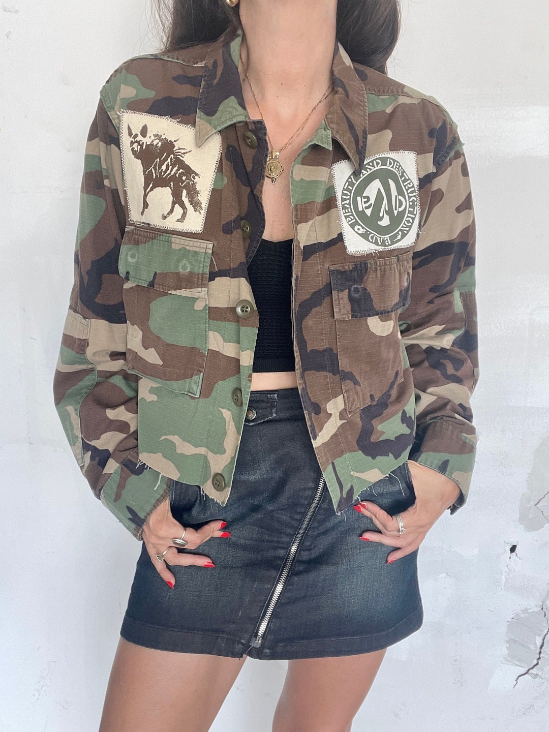 Cropped Camo Army Jacket – Hand Printed Punk Patches – Hyena Linocut ...