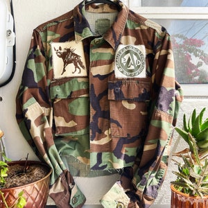 Cropped Camo Army Jacket – Hand Printed Punk Patches – Hyena Linocut ...