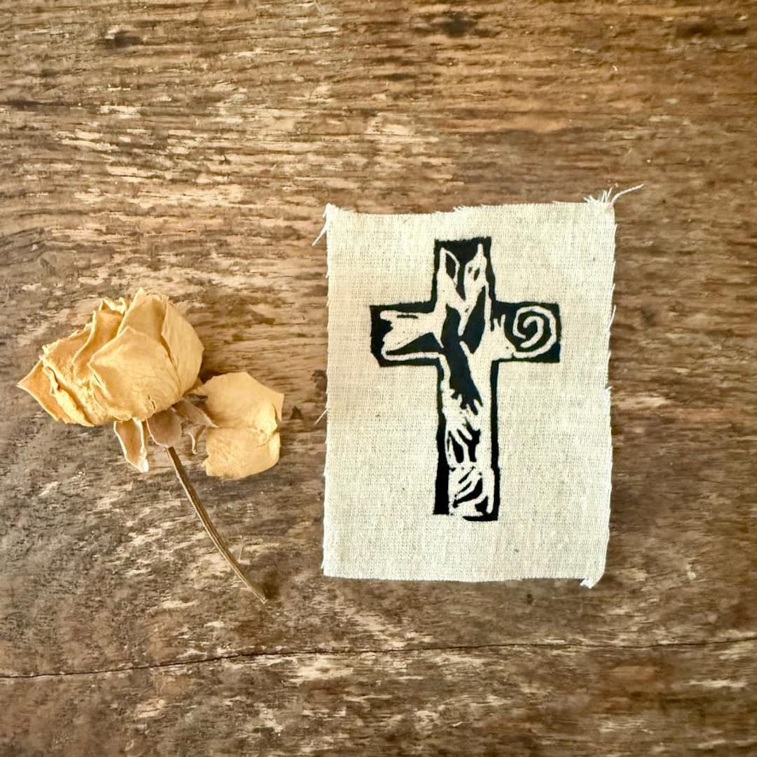 Cross Linocut Patch – Hand Printed Mini Relief Print – Floral Christian ...