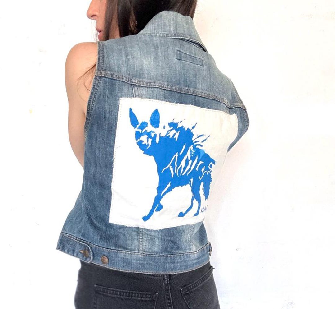 Hyena Vintage Denim Vest // Hyena Linocut Print // Hyaena Hyaena ...