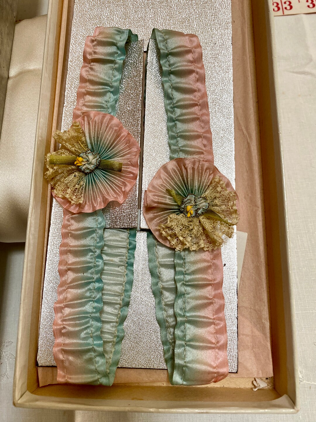 Breathtaking Set of Two Aqua/pink Ombre Ribbon Work Garters Silk ...
