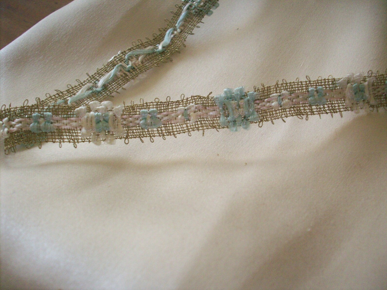 Rare Antique Authentic Ribbon Work Silk and Silver Metal Garland Blue ...