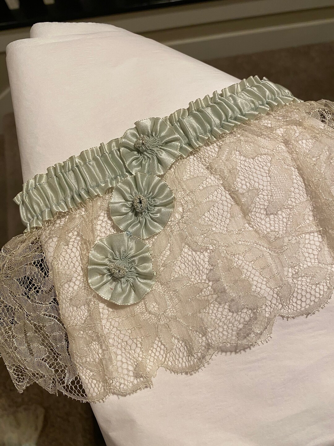 One Ice Blue Ribbon Work Garters Silk Authentic 1920s Silk Lace Ivory ...