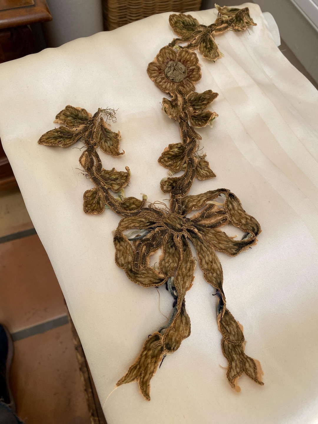 Antique Silk and Metal Ribbon Work Authentic French Tapestry 1700s Bow ...