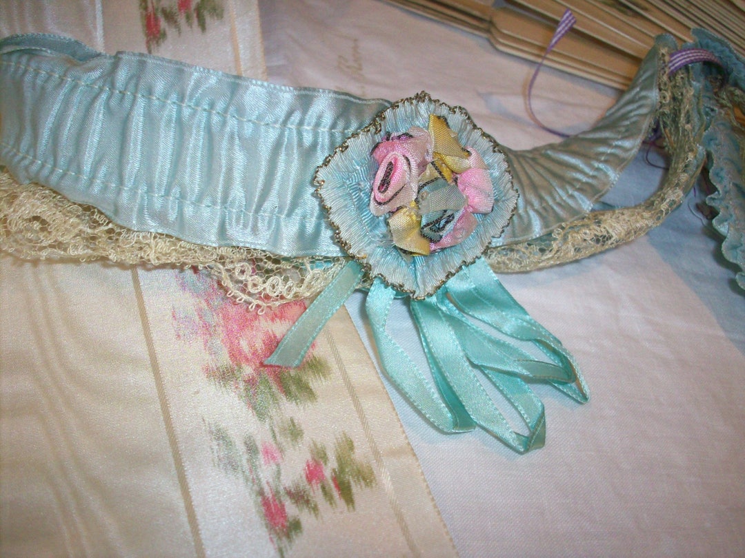 One Aqua Metal Edged Ribbon Work Garters Silk Authentic 1920s Silk Lace ...