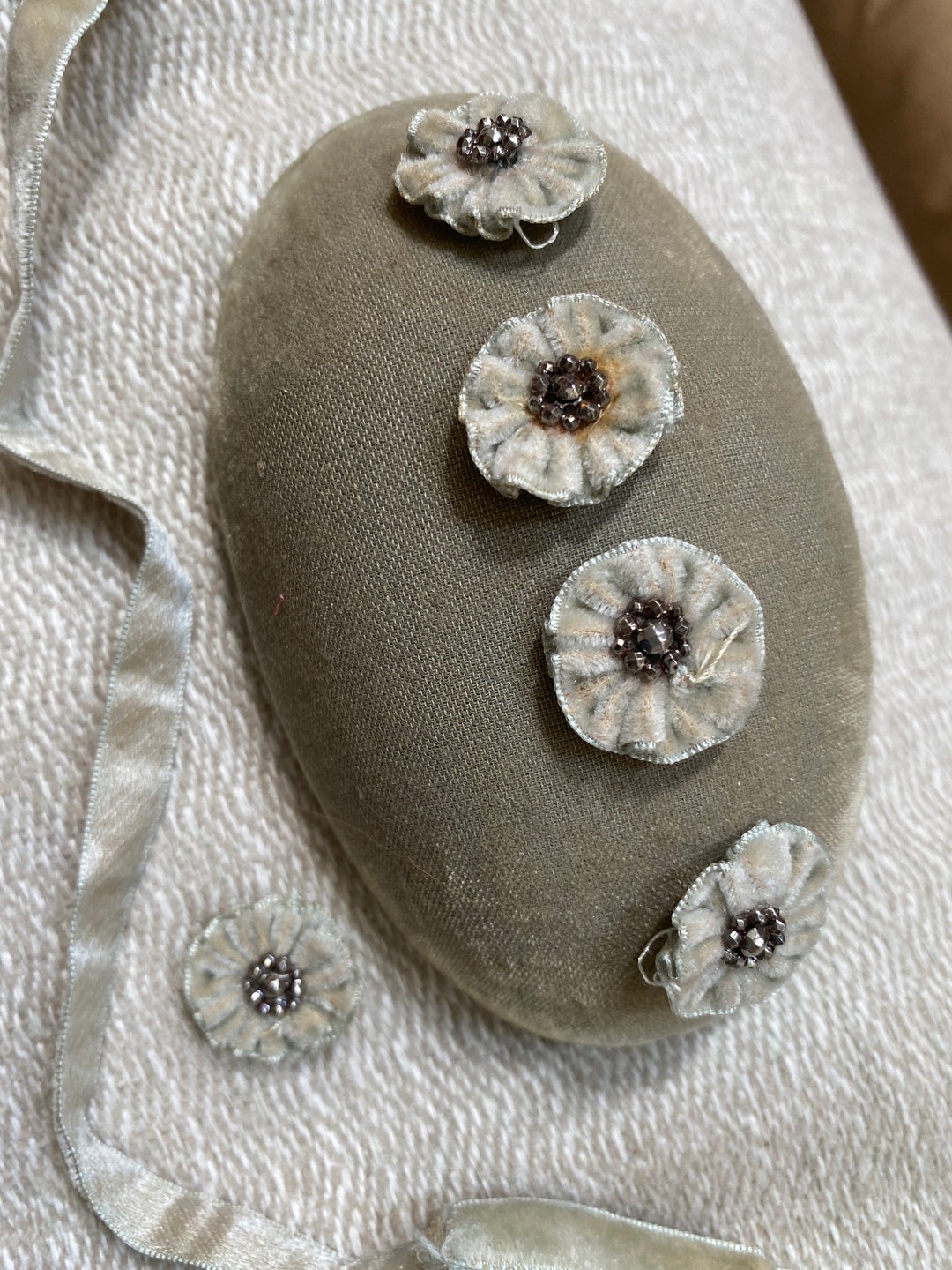 Antique Ribbon Work 1800s Blue Grey Silk Velvet Rosettes Cut Steel ...