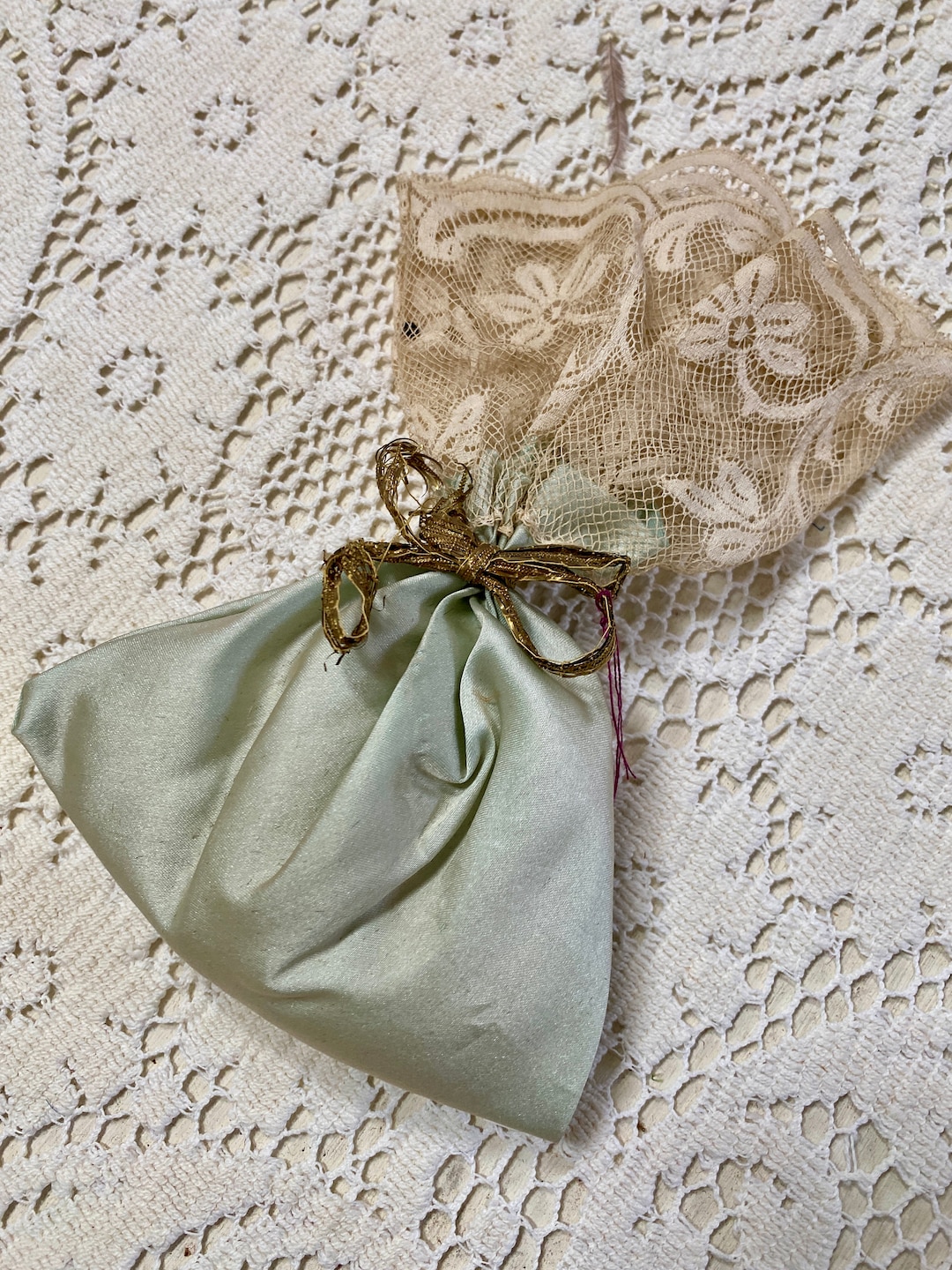 Antique Silk and Lace Sachet of Ribbon With Metal Tie 1910s Authentic ...