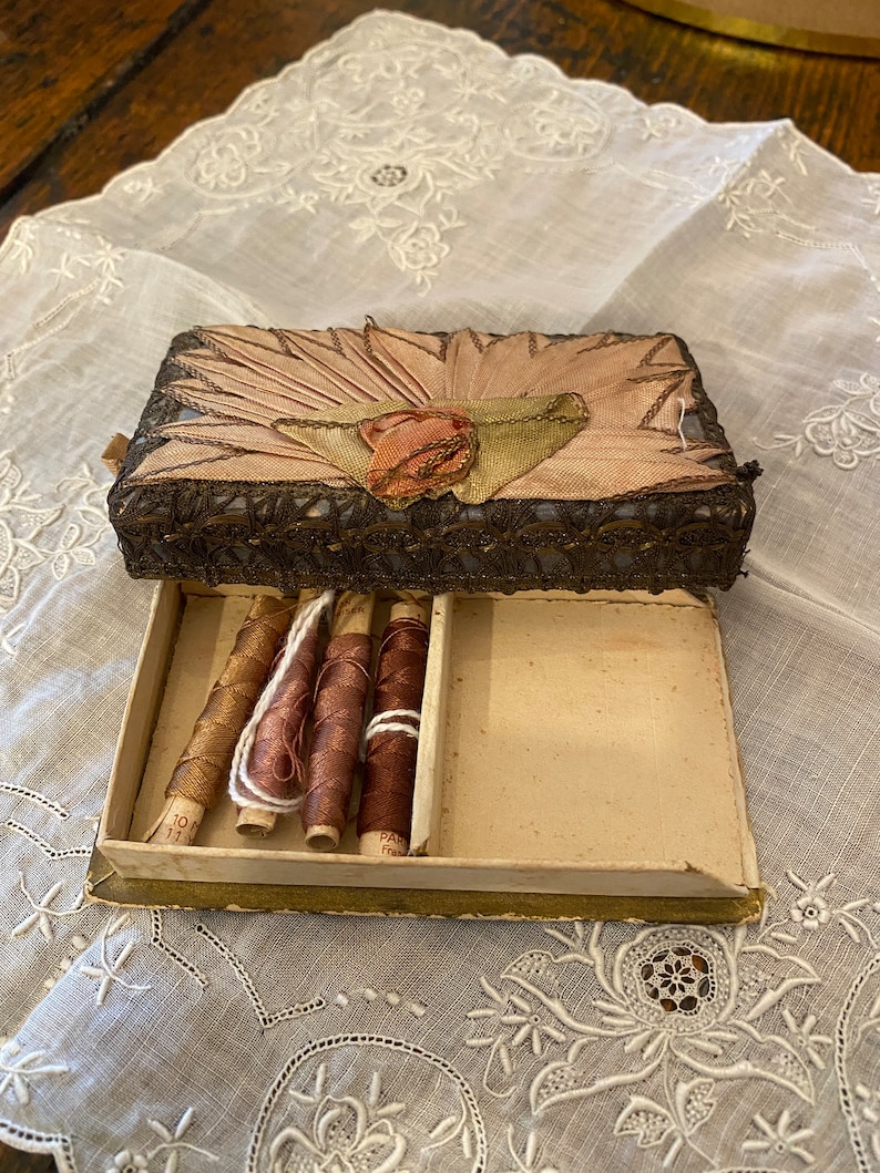 Gorgeous Colors Antique Authentic 1920s Silk and Metal Box With Threads ...