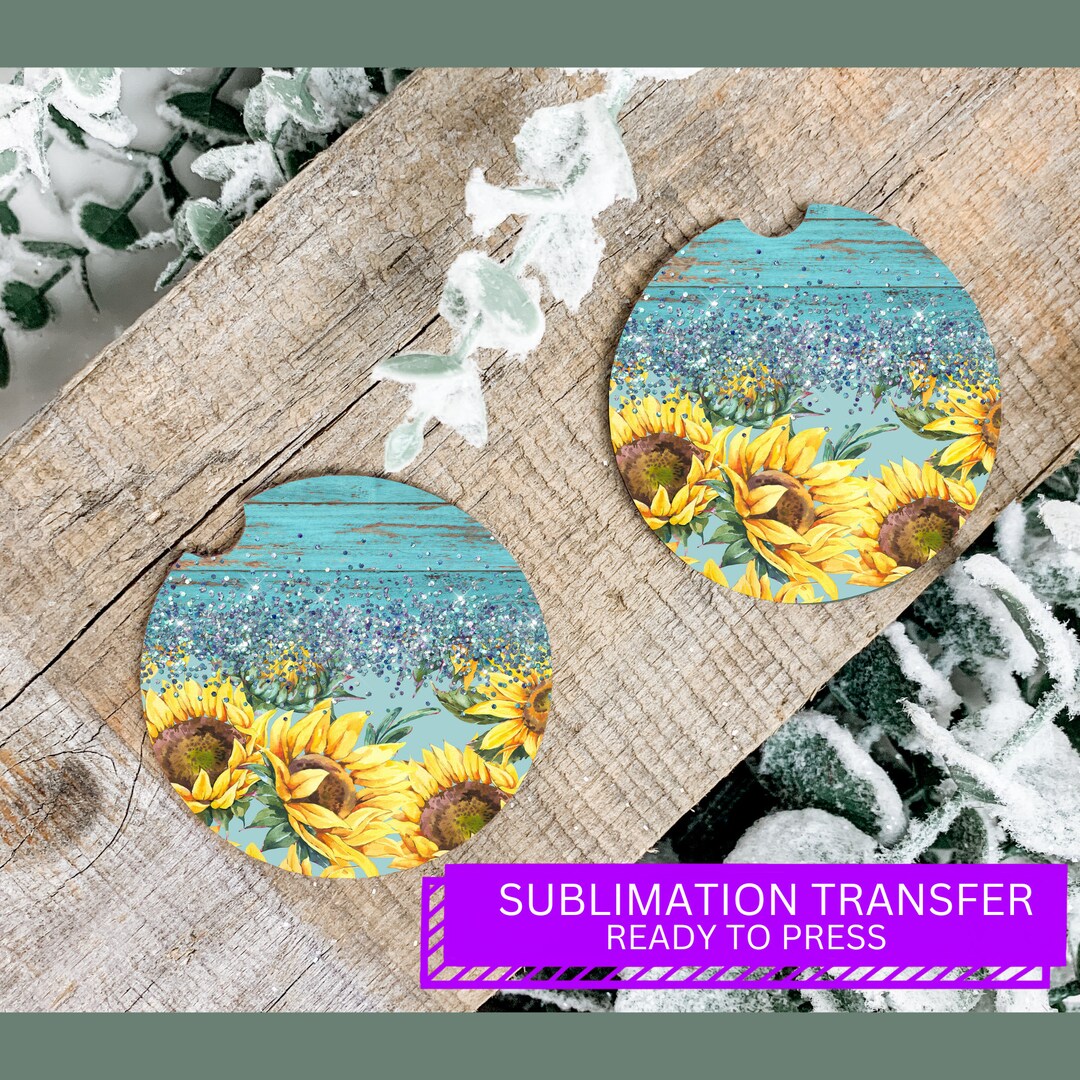 Rustic Glitter Sunflower Car Coaster Ready to Press Heat Transfer, Set ...