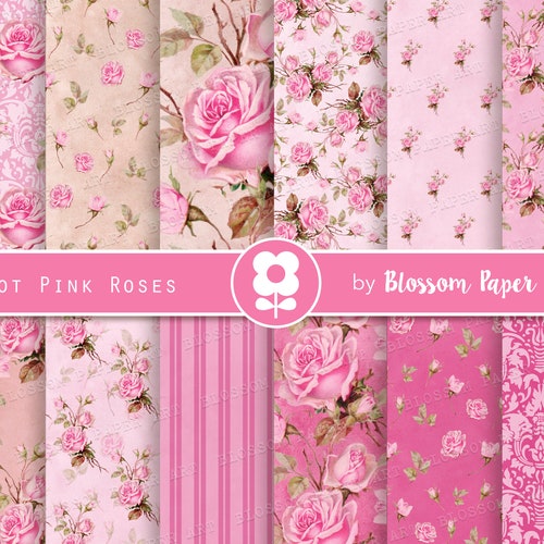 Pink Digital Paper Shabby Chic Paper Pack Roses Scrapbook | Etsy